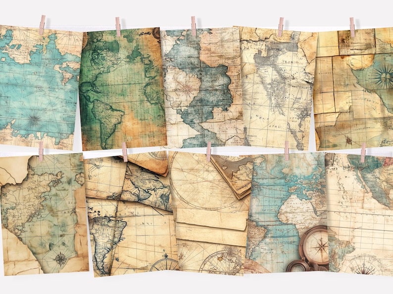 Vintage Map Junk Journal Pages - Printable Antique World Maps - Digital ...