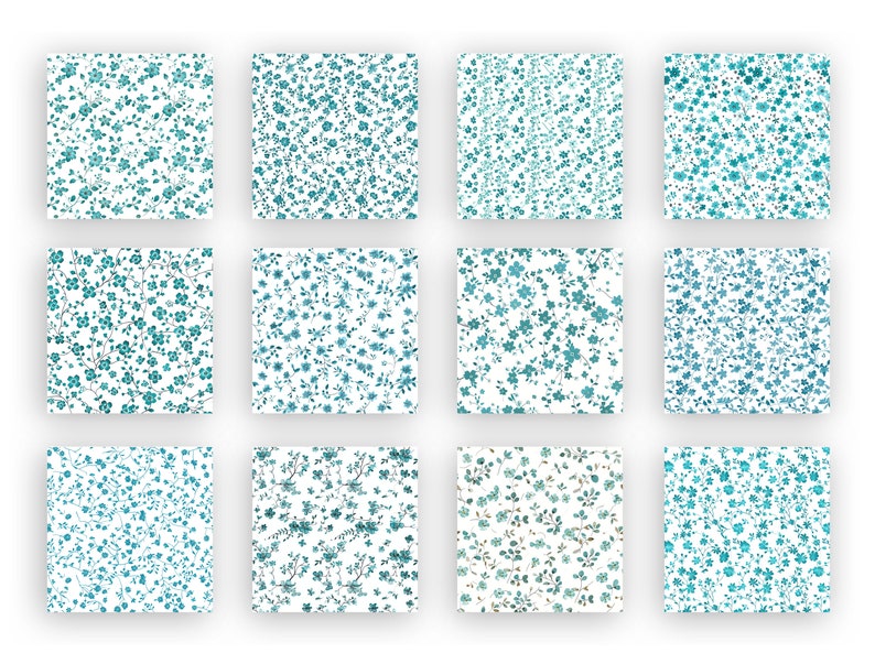 Digital Paper | Scrapbook Paper | Aqua Flowers | Teal Blue | Digital ...
