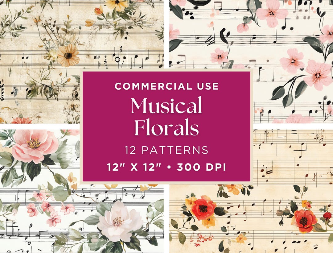 Musical Notes With Flowers Digital Paper | Watercolor Roses and Music ...