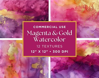 Watercolor Floral Splash Clipart, Magenta and Gold, JPEG Clipart ...