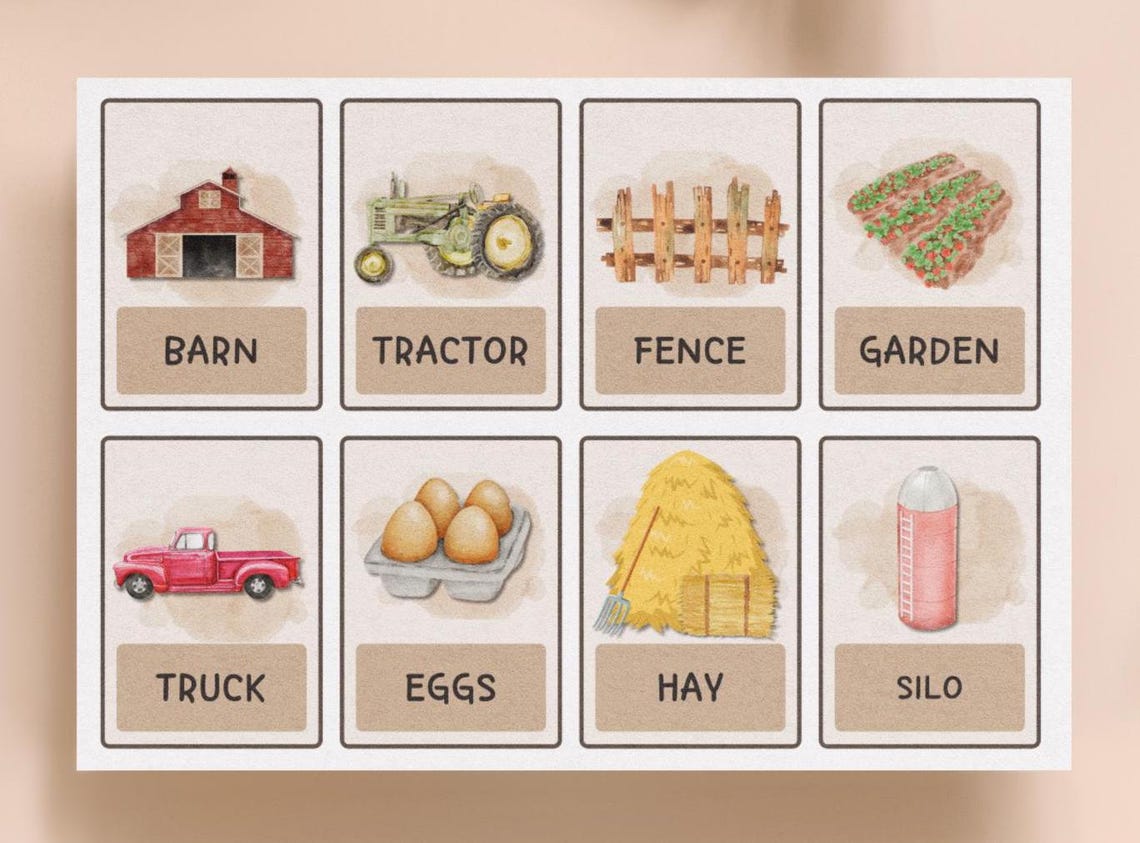 Printable Watercolor Vintage Farmhouse Flashcards for Toddlers-learning ...