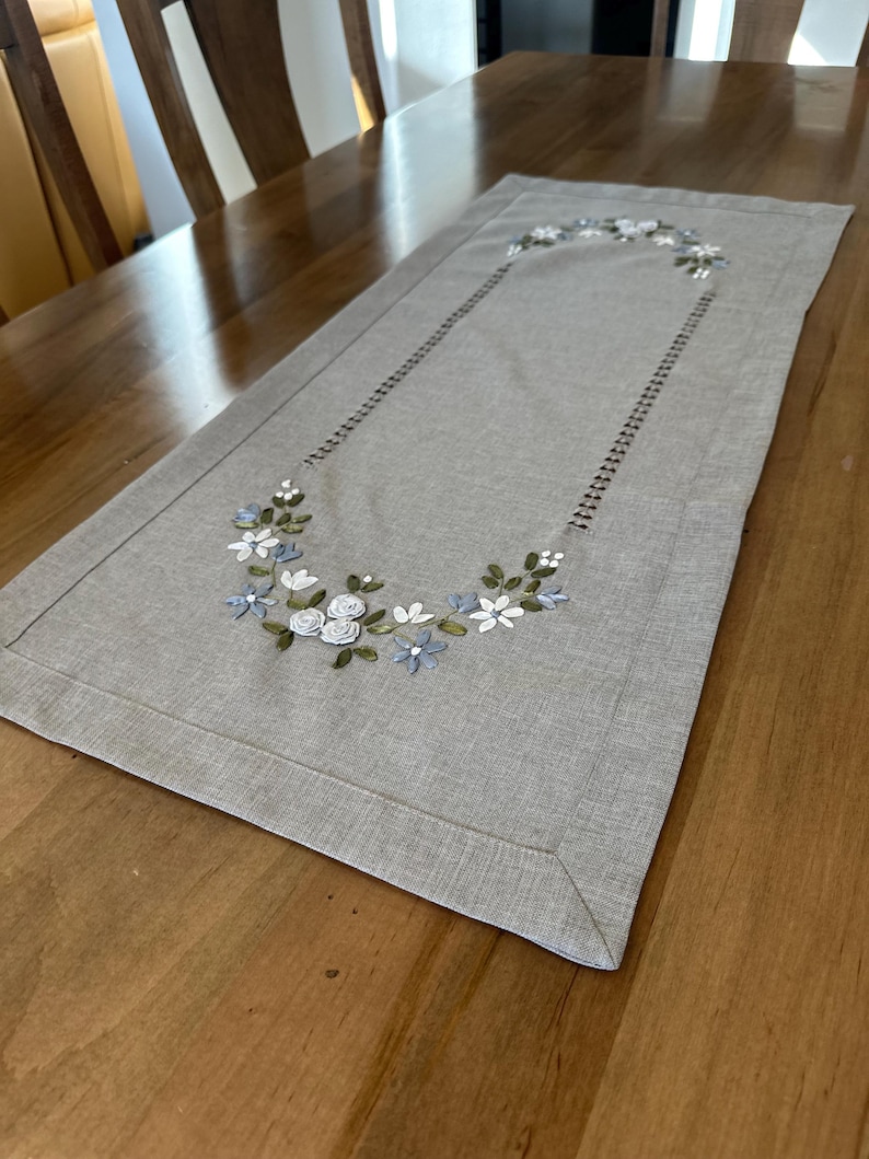 Ribbon Embroidered Gray Linen Table Runner – Elegant Floral Design - Etsy