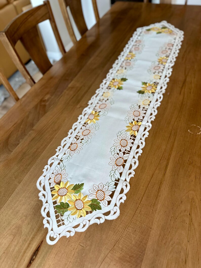 Embroidered Sunflower Table Runner: Cream Cutwork Linens - Etsy
