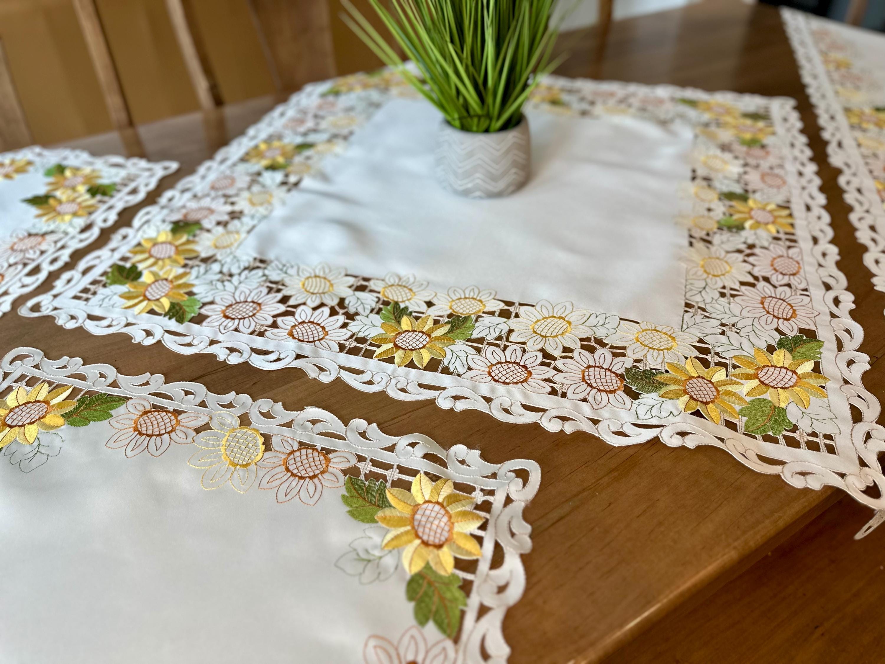 Embroidered Sunflower Table Runner: Cream Cutwork Linens - Etsy
