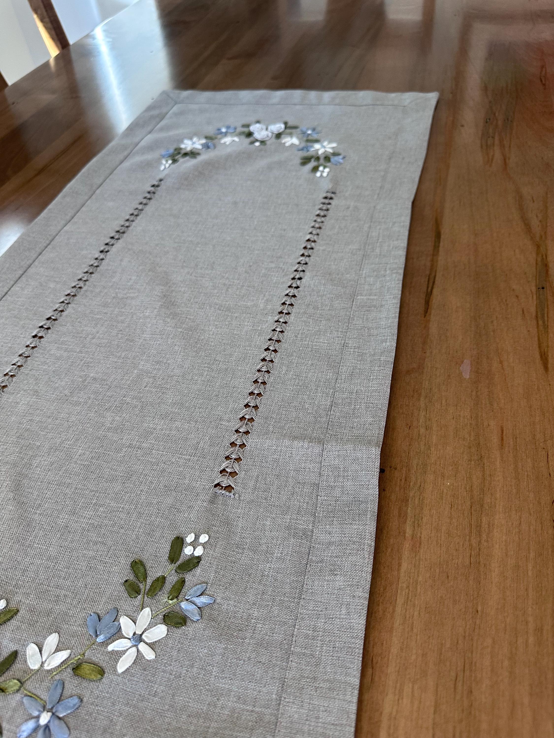 Ribbon Embroidered Gray Linen Table Runner – Elegant Floral Design - Etsy