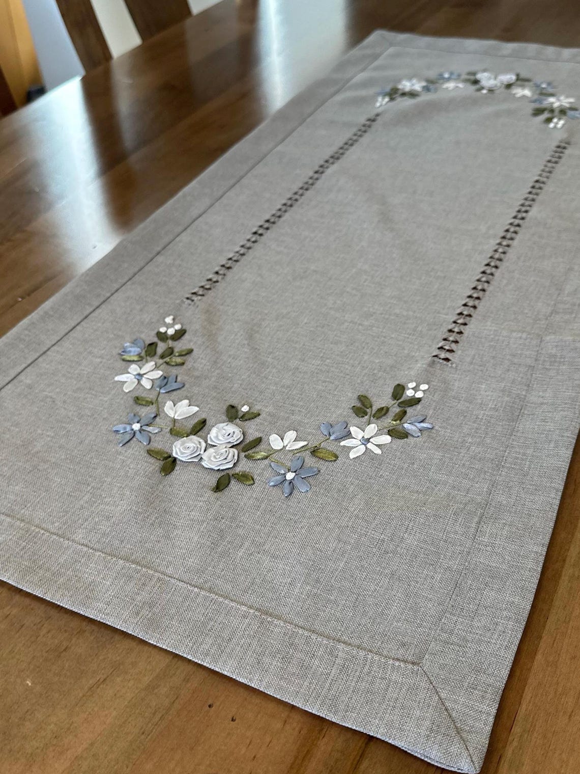 Ribbon Embroidered Gray Linen Table Runner – Elegant Floral Design - Etsy