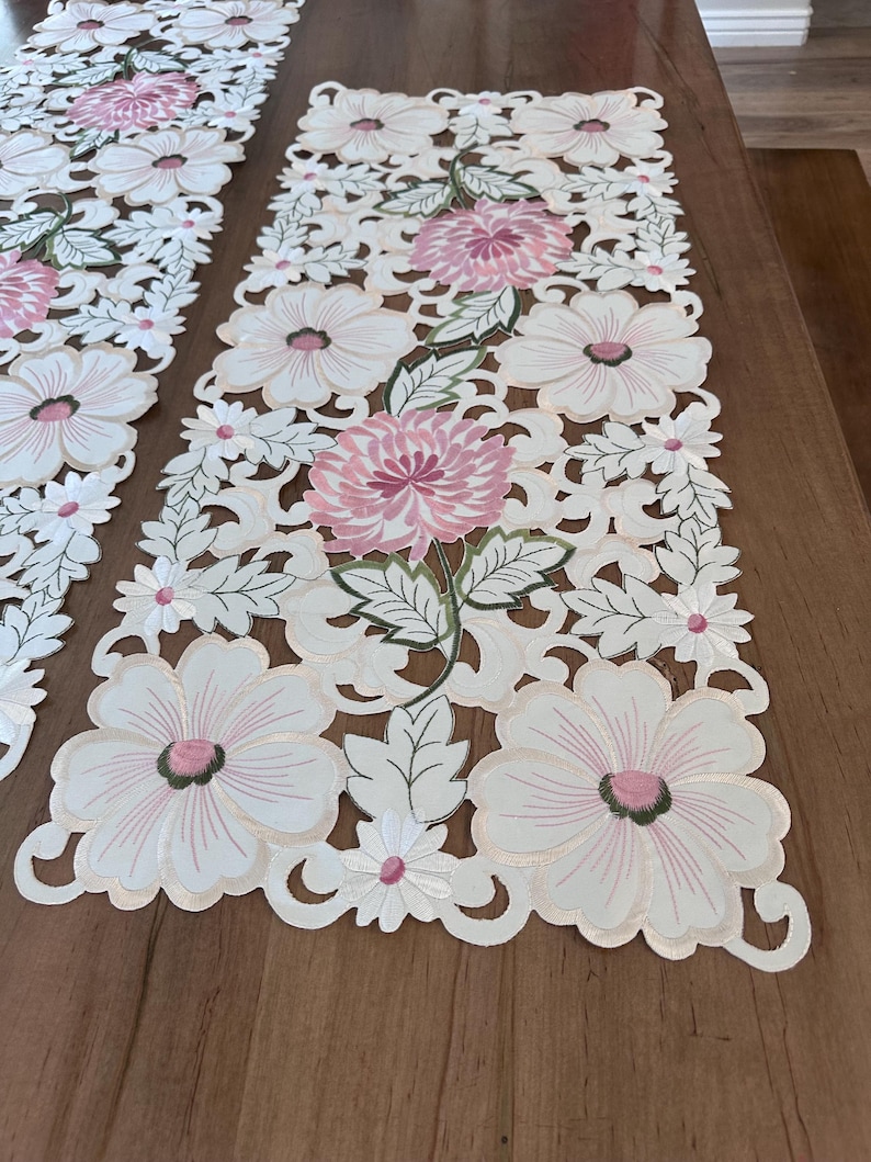 Embroidered Pink Chrysanthemum Floral Cutwork Table Runner – Elegant ...