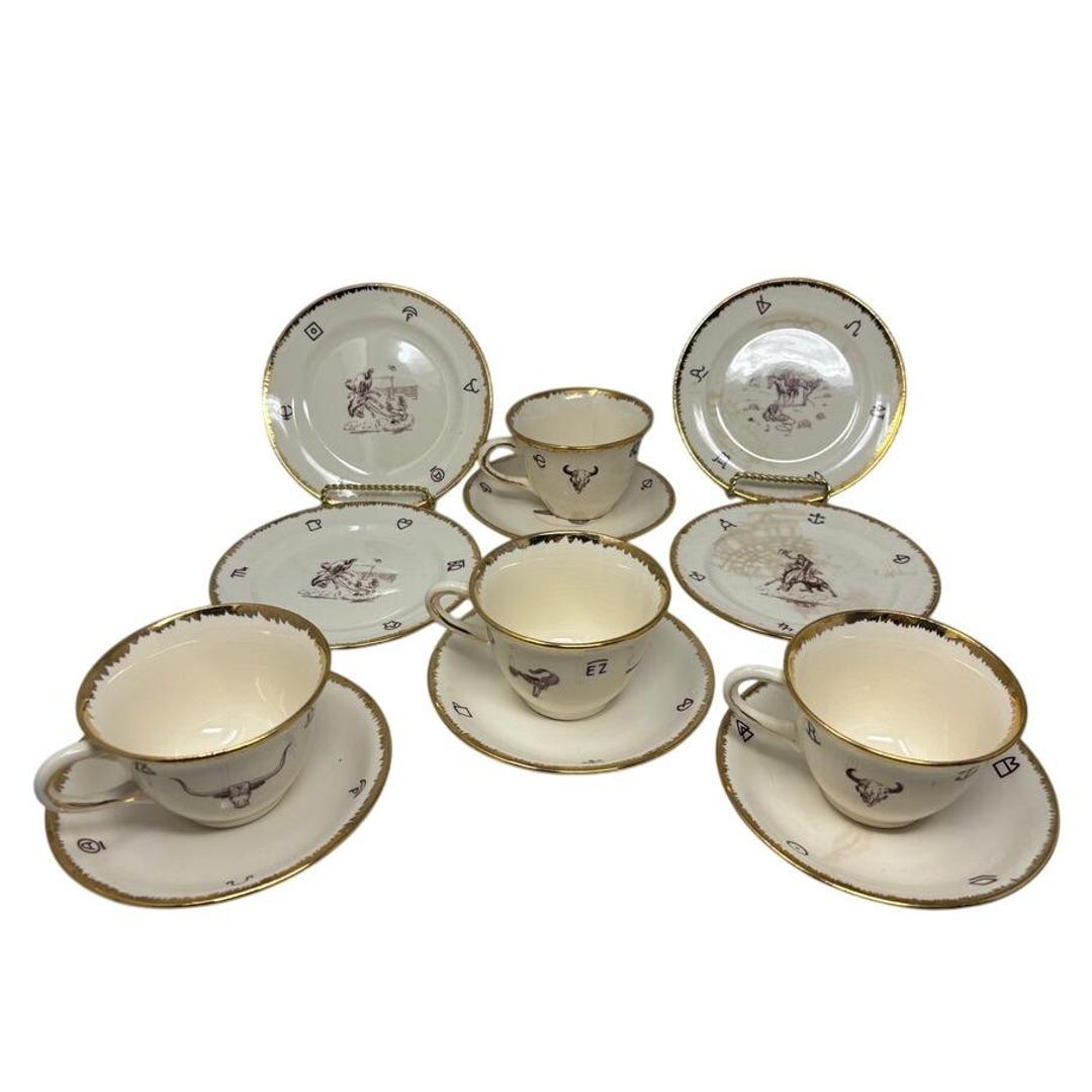 Vtg Set Western Ranch Brands Cowboy Teacup Saucer Dessert Plate Set ...
