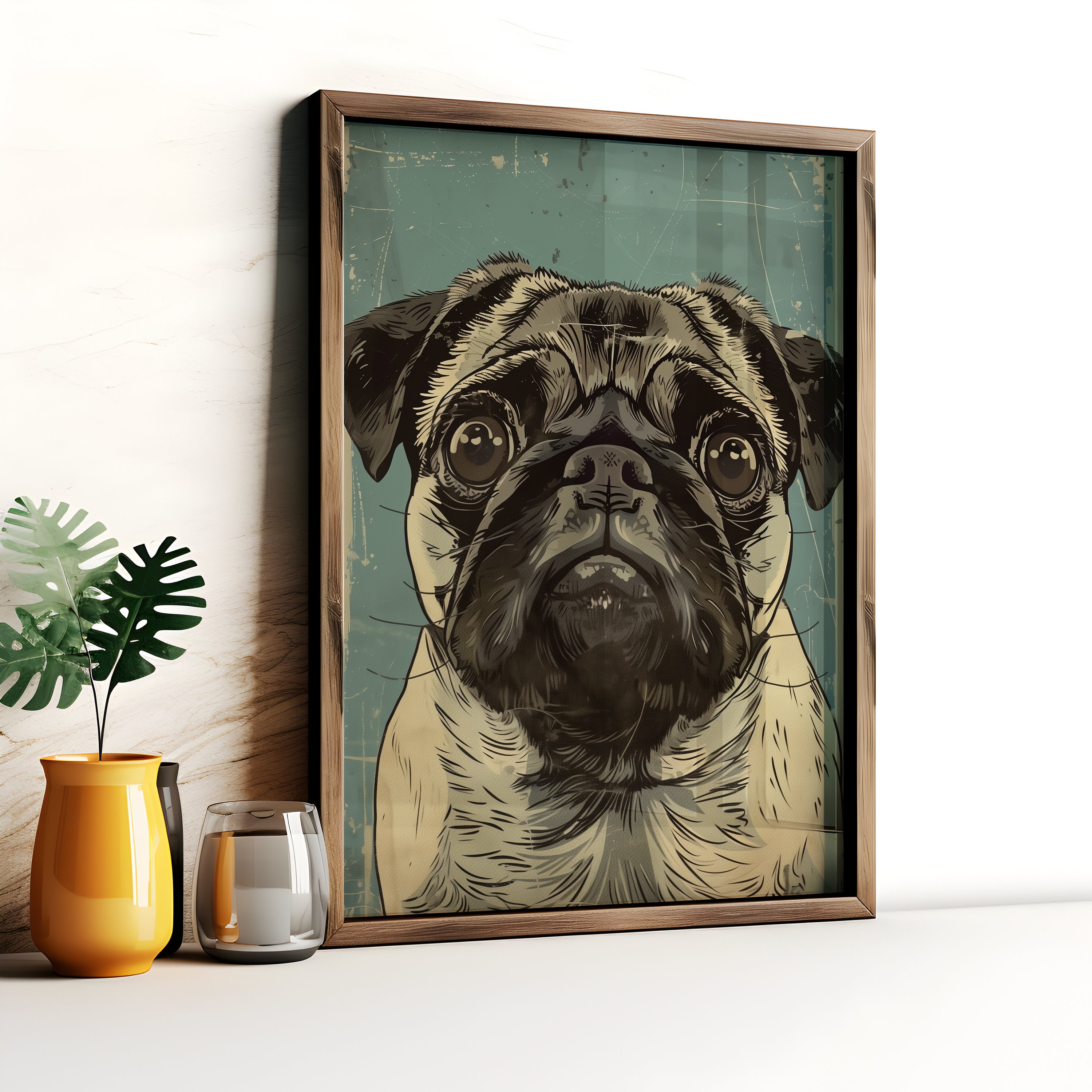 Vintage Pug Portrait Retro-style Pug Artwork, Classic Dog Illustration ...