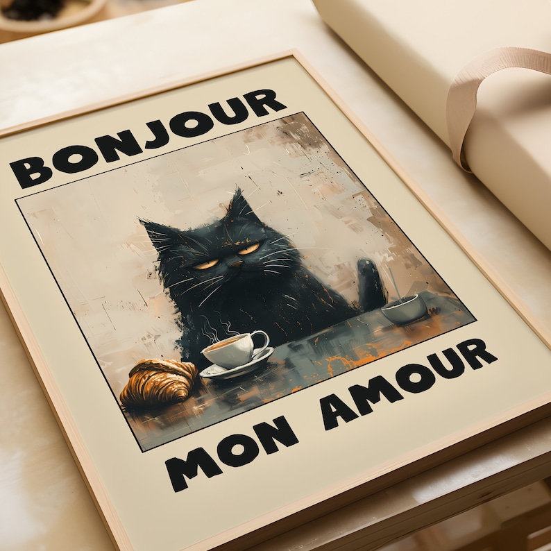 Le Chat Noir Poster: Bonjour Mon Amour Black Cat Beige Art Print - Etsy