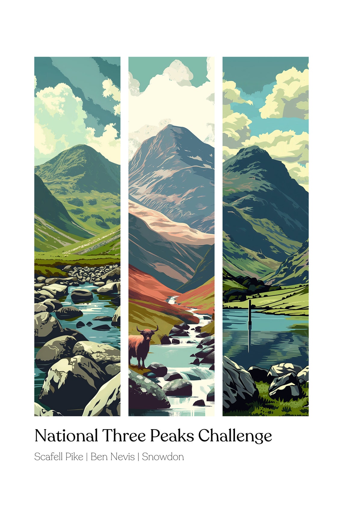 National Three Peaks Challenge Art Print: UK Mountain Poster - Etsy