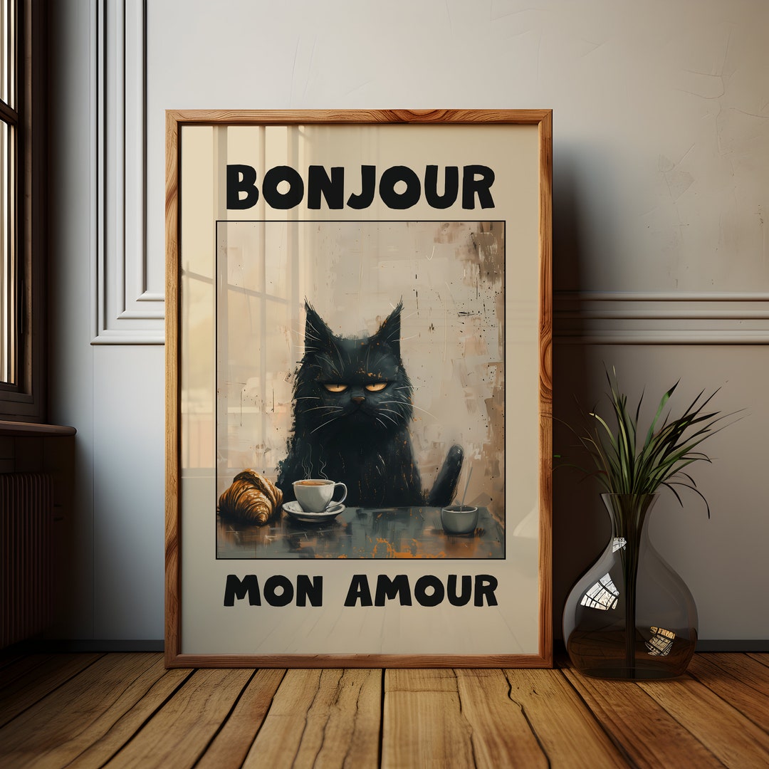 Le Chat Noir Poster, Beige Bonjour Mon Amour Artwork, Black Cat Artwork ...