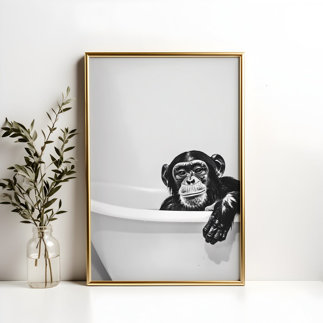 Chimp in the Bath Art Print, Animal in Bathtub Artwork, Quirky Above ...
