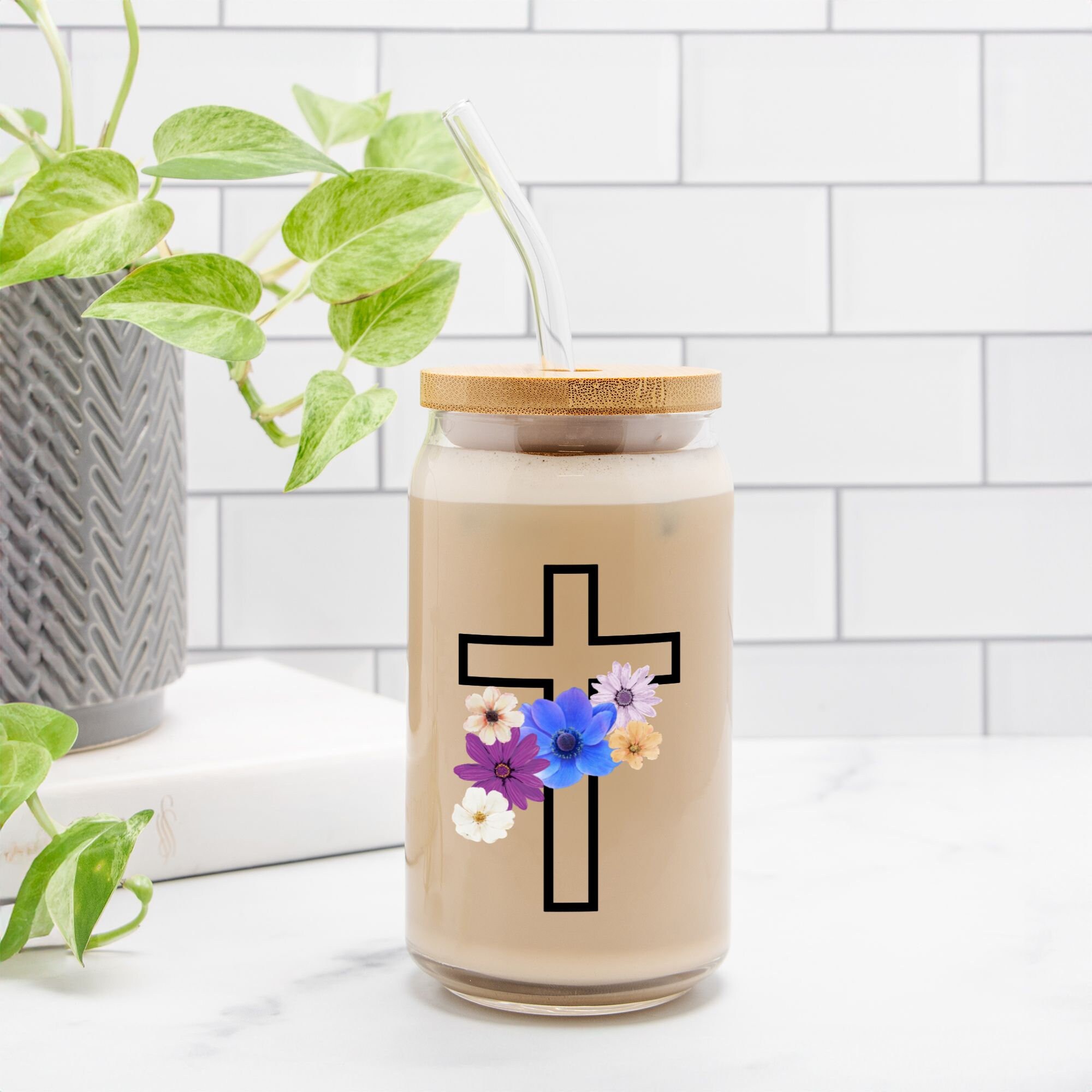 Religious Glass Cup Set With Cross, Lid, and Straw Christian Gift - Etsy