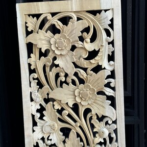 Floral Harmony Wooden Wall Panel - Hand-carved Intricate Nature ...
