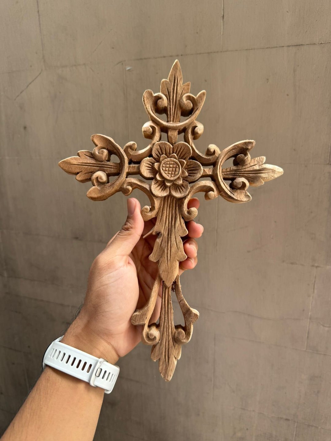 Elegant Hand-carved Wooden Cross Wall Decor - Intricate Floral Design ...