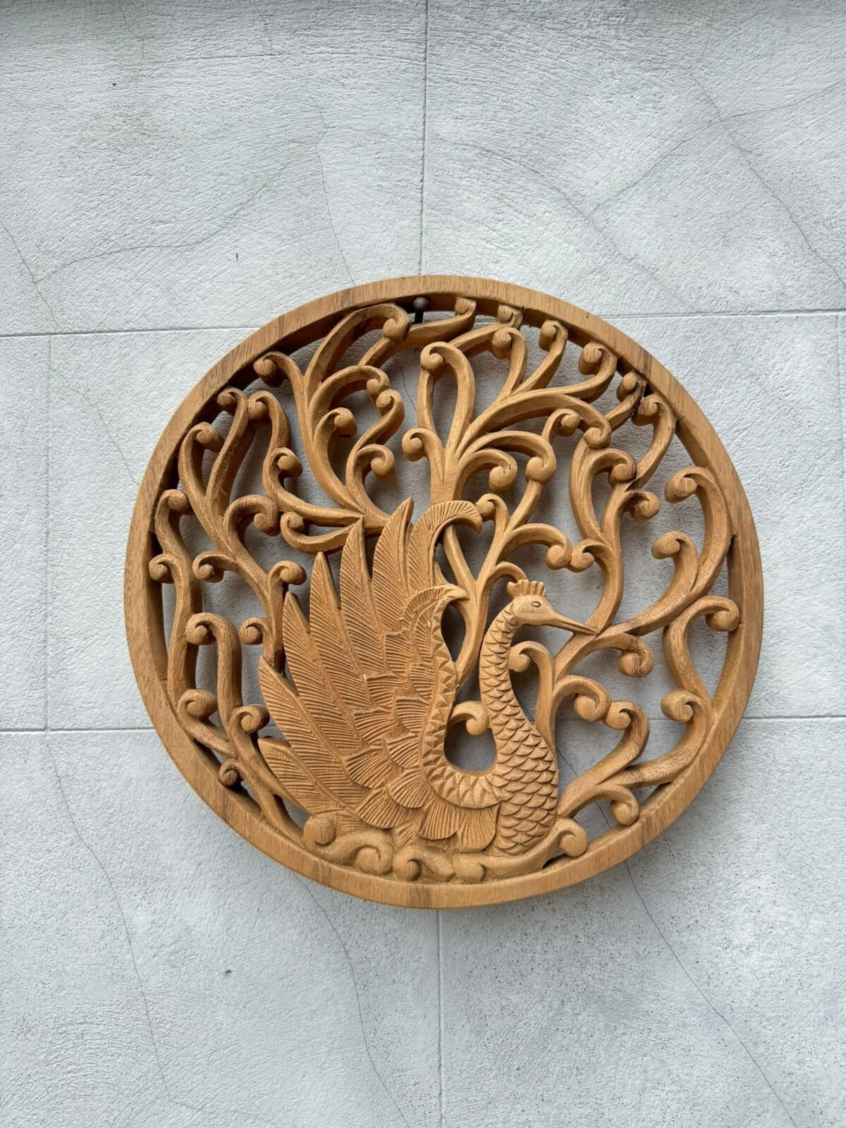 Hand-carved Wooden Round Wall Art - Exquisite Peacock Design, 11.5" X ...