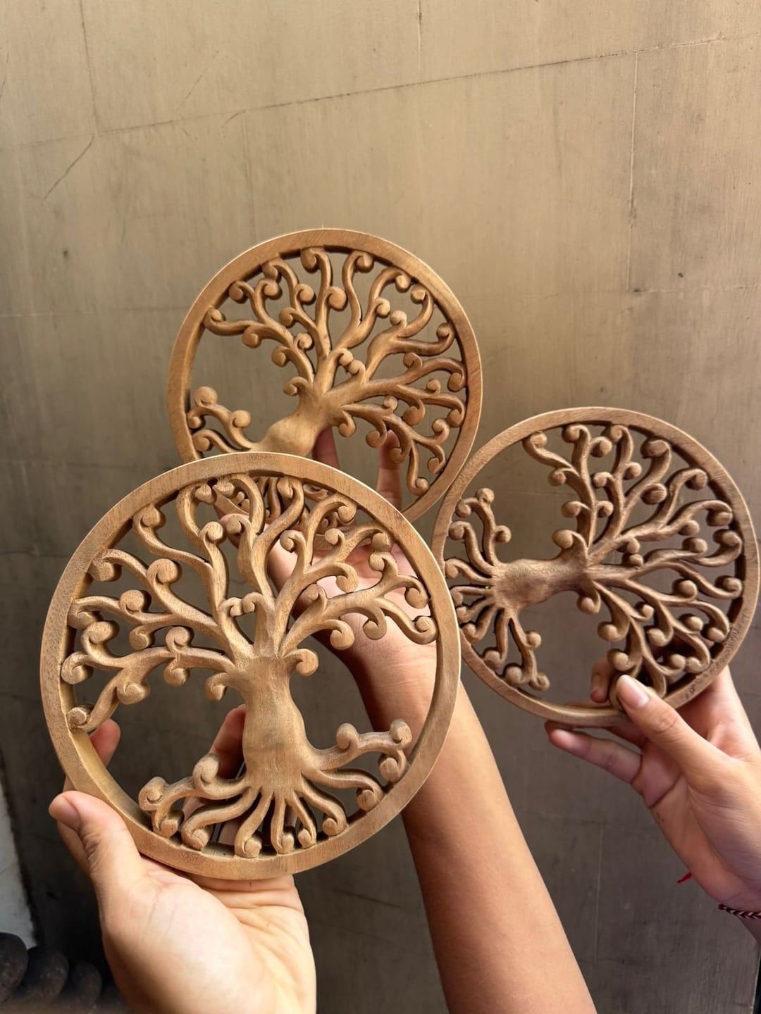Set of 3 Tree of Life Wooden Wall Art Hand-carved Natural Decor 8-inch ...