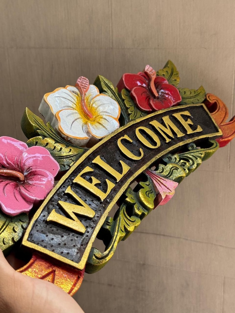 Hand-carved Wooden Welcome Sign With Frangipani Flowers - Etsy