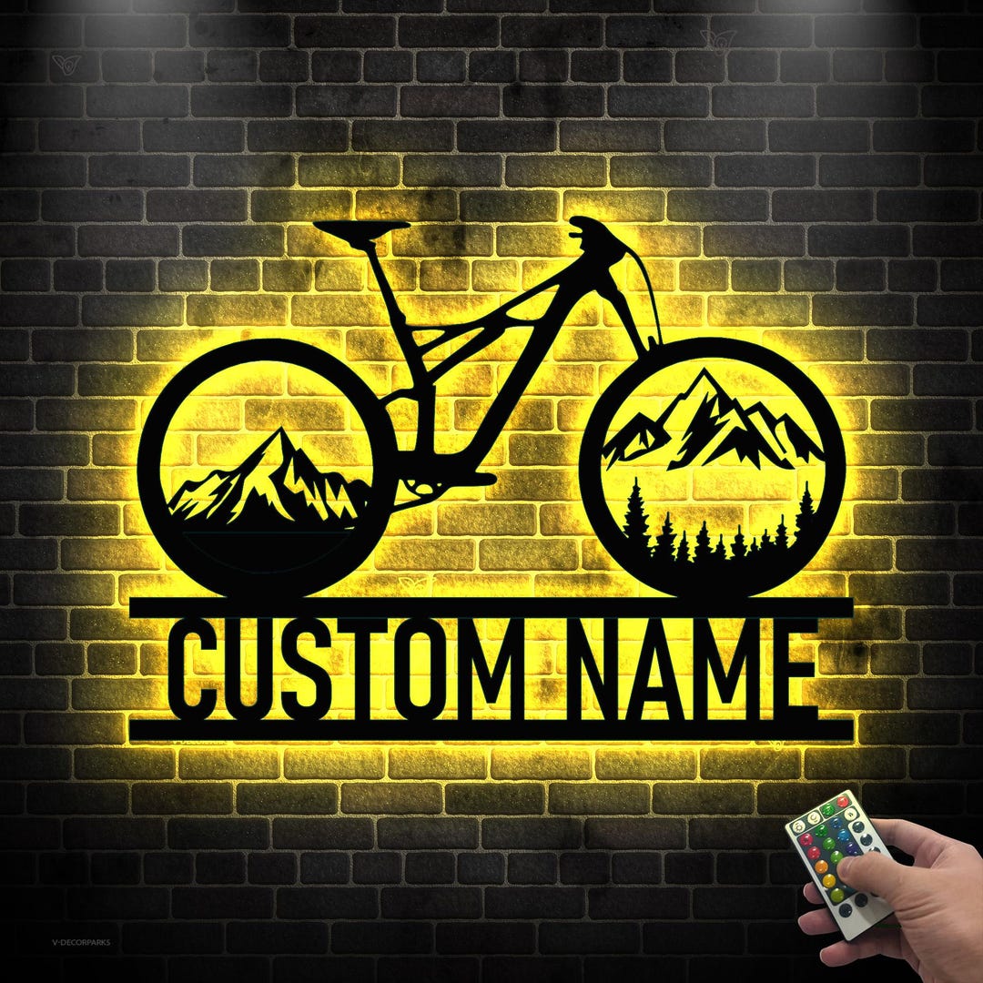 Custom Bike Metal Sign With Led Light, Bike With Mountain Metal Wall ...