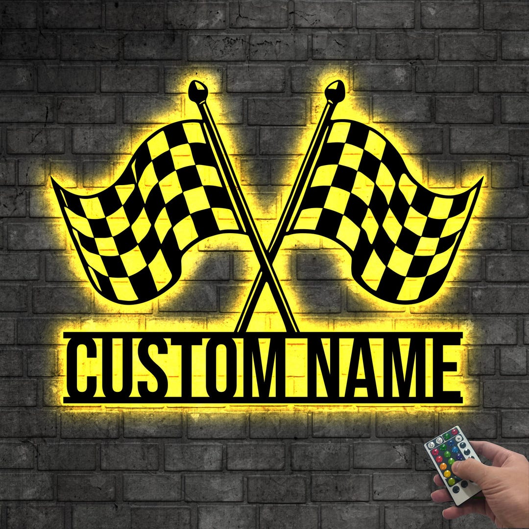 Custom Start Finish Racing Flag Metal Wall Art LED Lights, Personalized ...