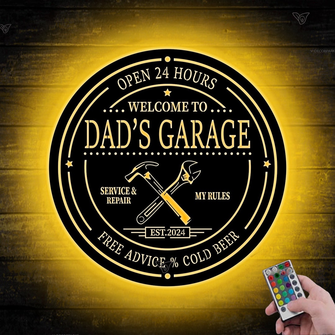 Personalized Dad's Garage Sign Metal With Led Lights, Custom Garage ...