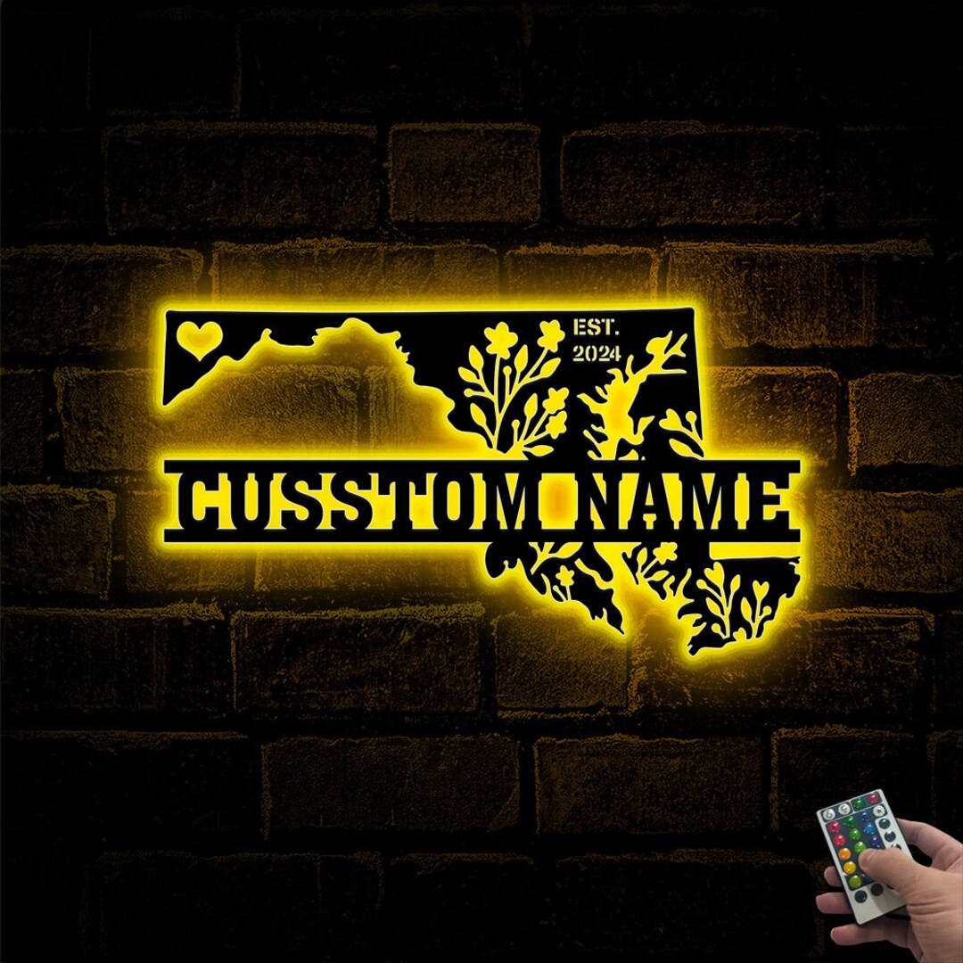 Custom Maryland Map Metal Wall Art LED Light, Personalized Maryland ...