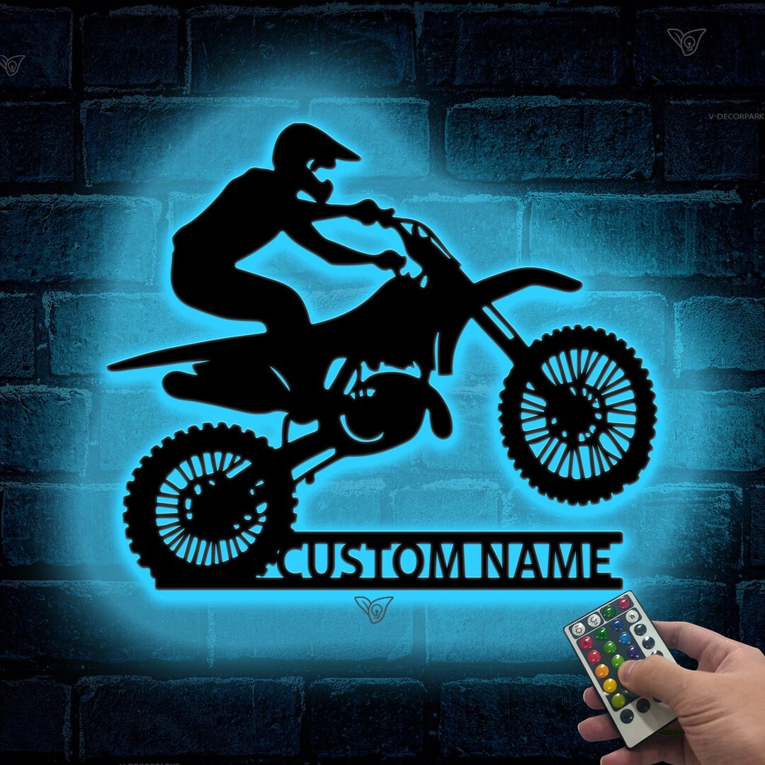Personalized Motocross Biker Metal Wall Art LED Light Custom Dirt Bike ...