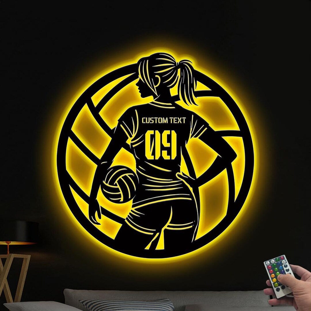 Volleyball Sign Custom Metal Wall With LED Light, Volleyball Player ...