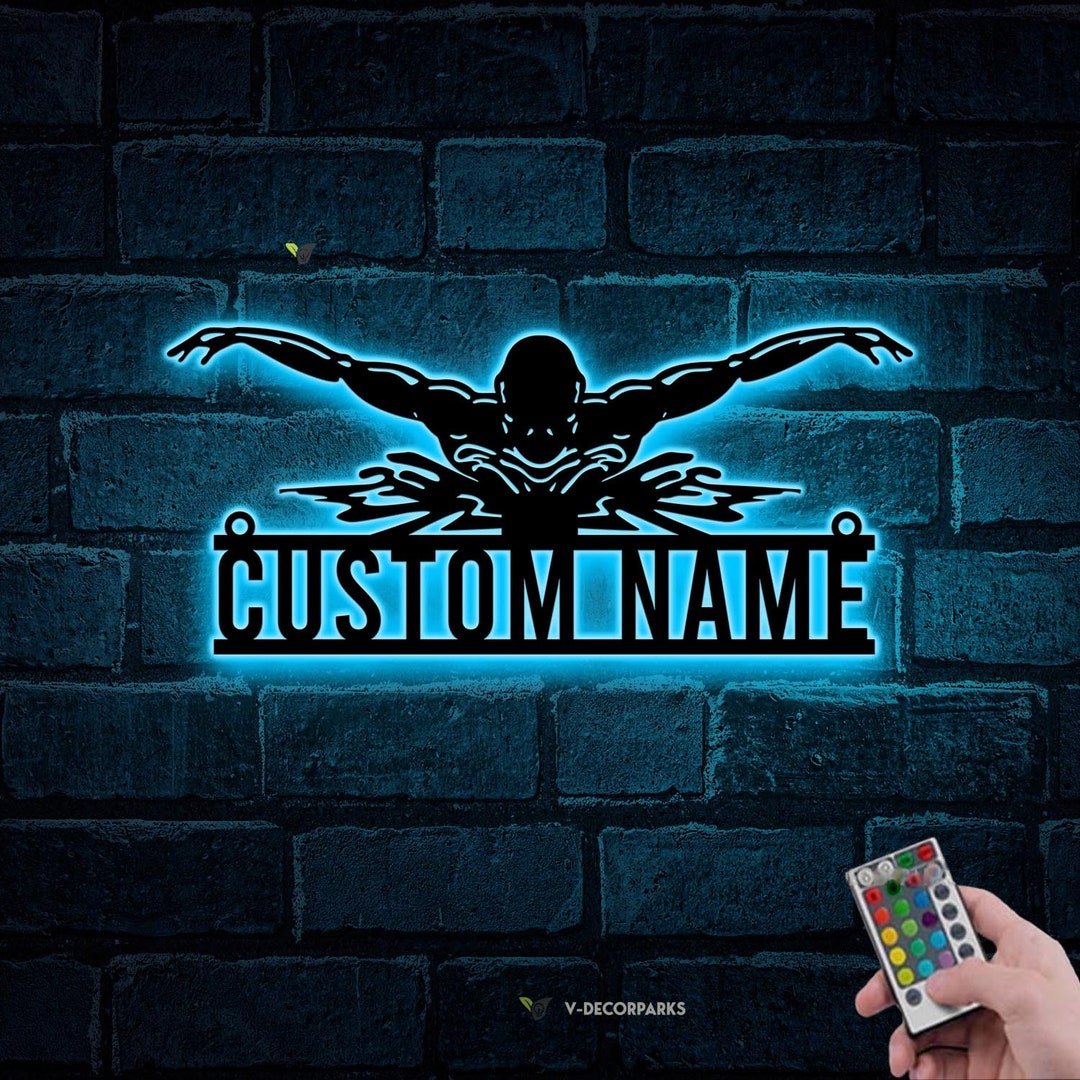 Custom Man Swimmer Metal Sign Led Lights, Personalized Swimming ...