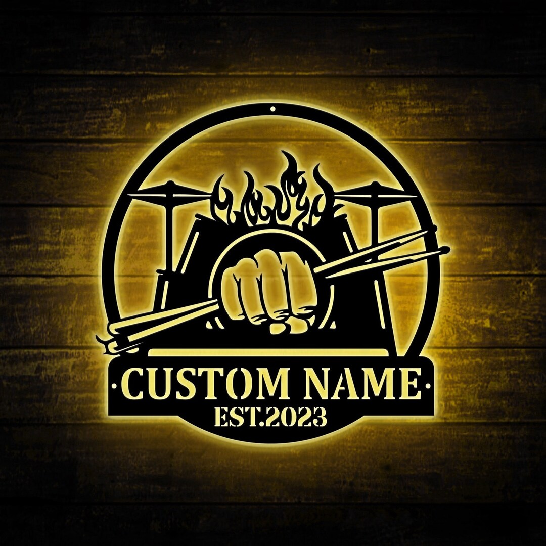 Drummer Metal Wall Art With Led Lights, Personalized Drummer Name Sign ...