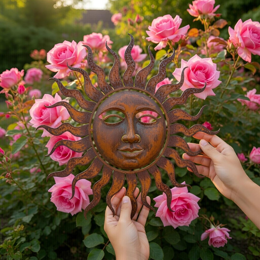 Sun Face Metal Garden Art, Rusted Metal Sun Wall Decor, Outdoor Patio ...