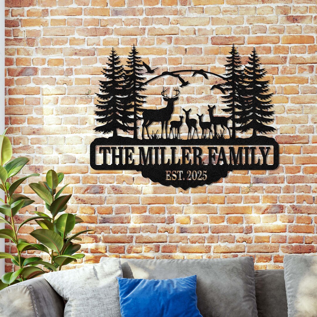 Custom deer Family Name Sign, Forest Cabin Decor, Personalized mountain ...