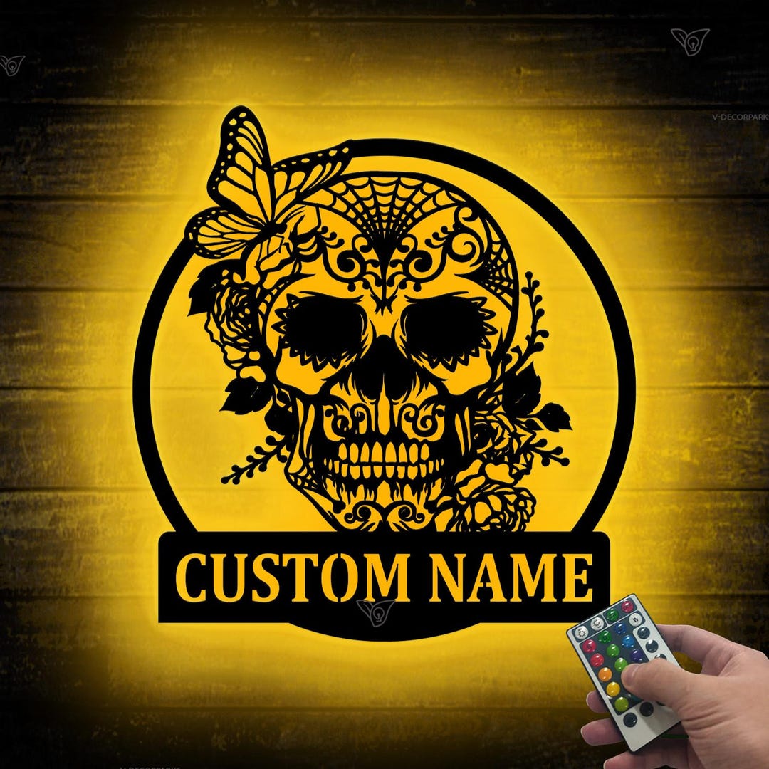 Personalized Sugar Skull Metal Sign With Led Lights, Custom Skull Wall ...