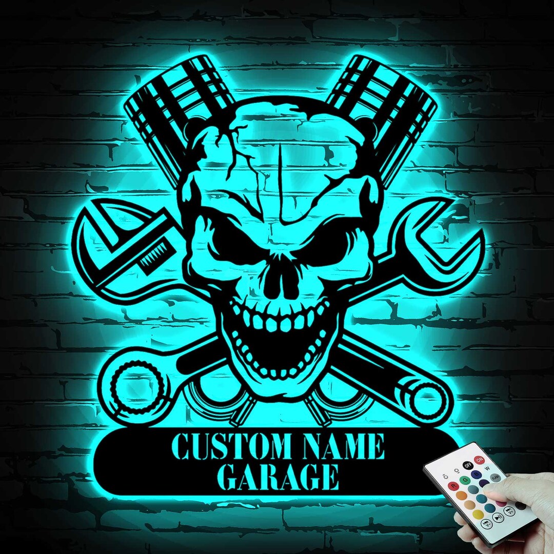 Custom Skull Garage Metal Wall Art LED Lights Workshop Name Sign Home ...