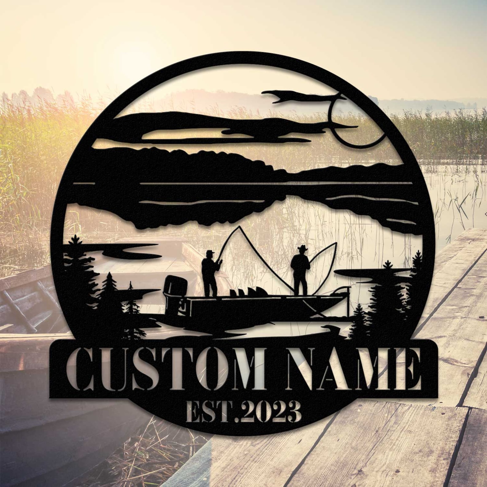 Metal Fishing Boat Scene Name Sign, Outdoor Cabin Decor, Fishing Gift ...