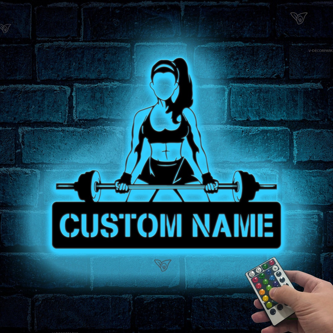 Custom Women's Fitness Metal Sign With LED Lights, Gym Dumbbell ...