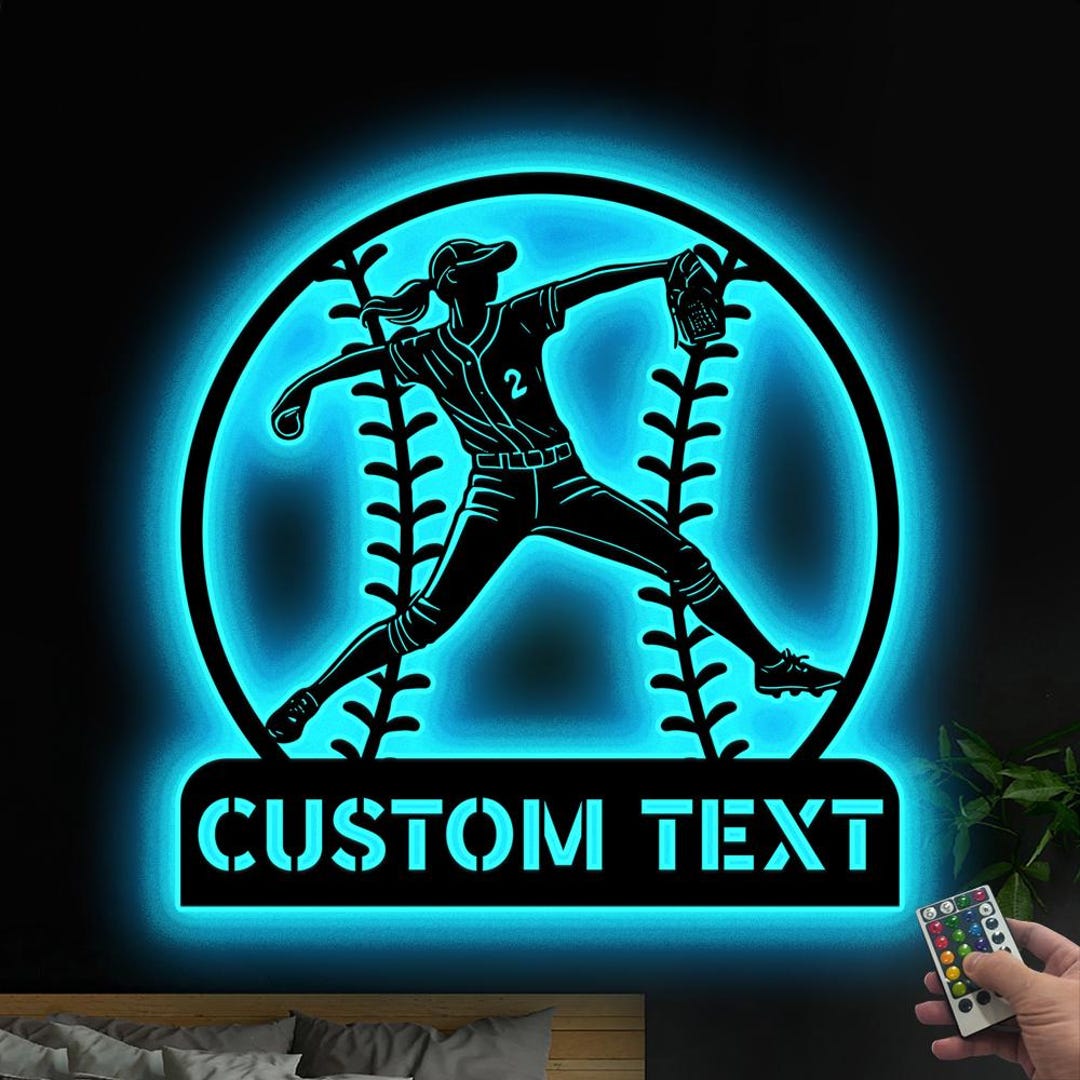 Custom Softball Pitcher LED Metal Sign, Personalized Player Name Wall ...