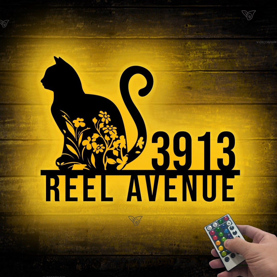 Customized Cat House Number Sign Metal With Led Lights Personalized ...