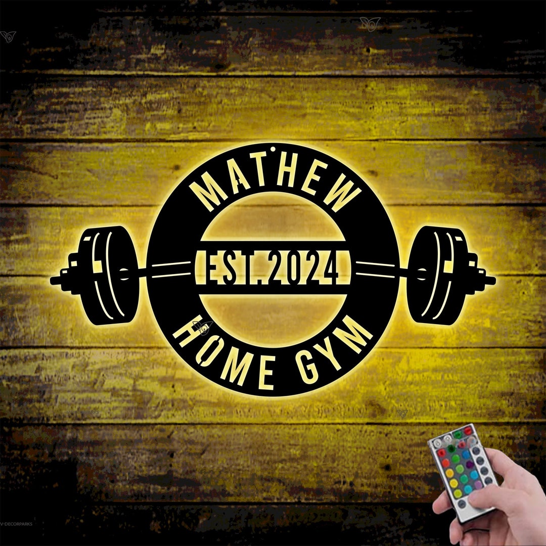Personalized Home Gym LED Metal Art Sign / Light up Gym Name Metal Sign ...