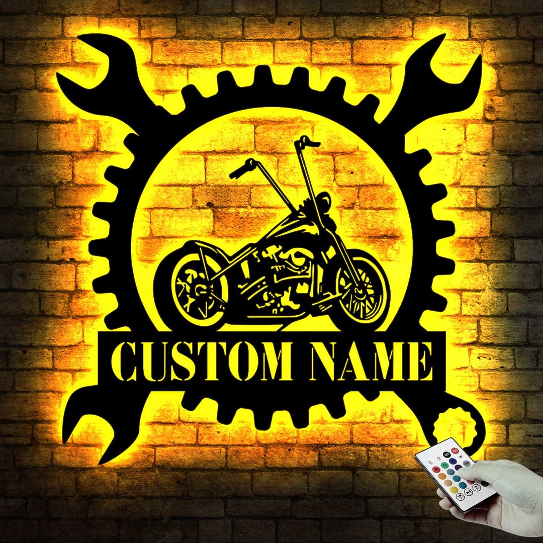 Custom Motorcycle Sign Metal Wall Art With Led Lights Motorcycle Metal ...