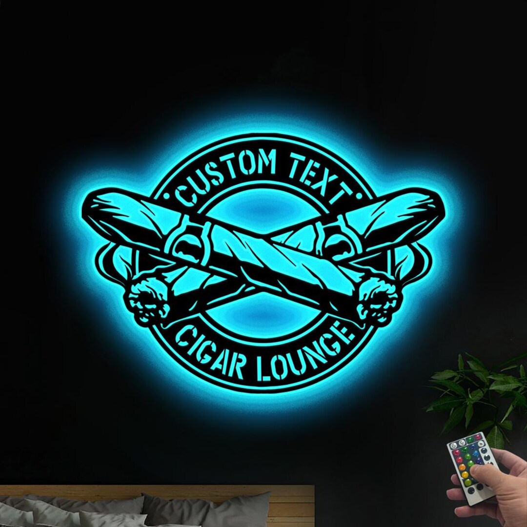Personalized Cigar Lounge Metal Wall Art LED Lights, Custom Smoking ...