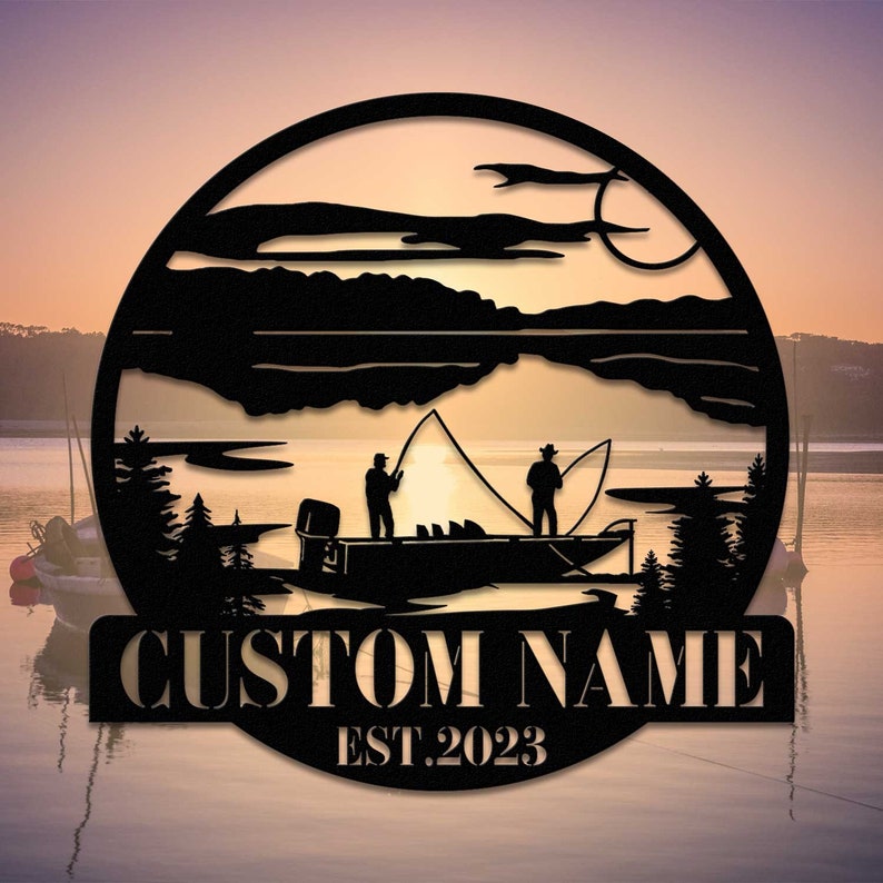 Metal Fishing Boat Scene Name Sign, Outdoor Cabin Decor, Fishing Gift ...