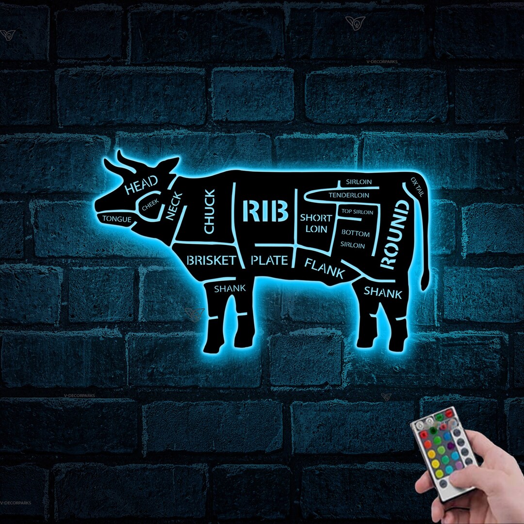 Cow Butcher Diagram Cuts of Beef Meat Metal Sign With Led Light, Chef ...