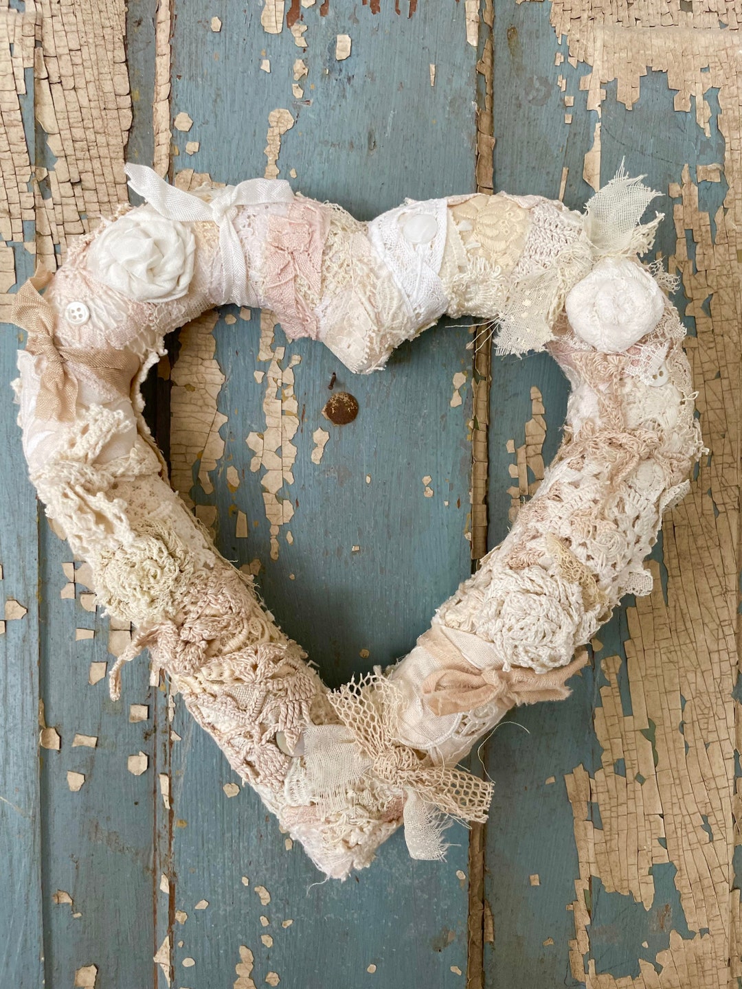 Very PRETTY Little HEART Wreath Tattered With Creams & PINKS Vintage ...