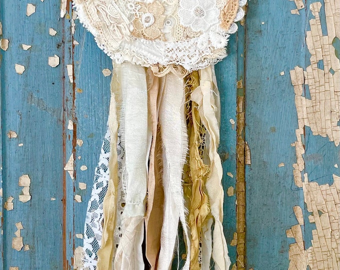 Antique Lace SHABBY Round Rosette! Neutral! Beautiful Hanging Ribbons ...