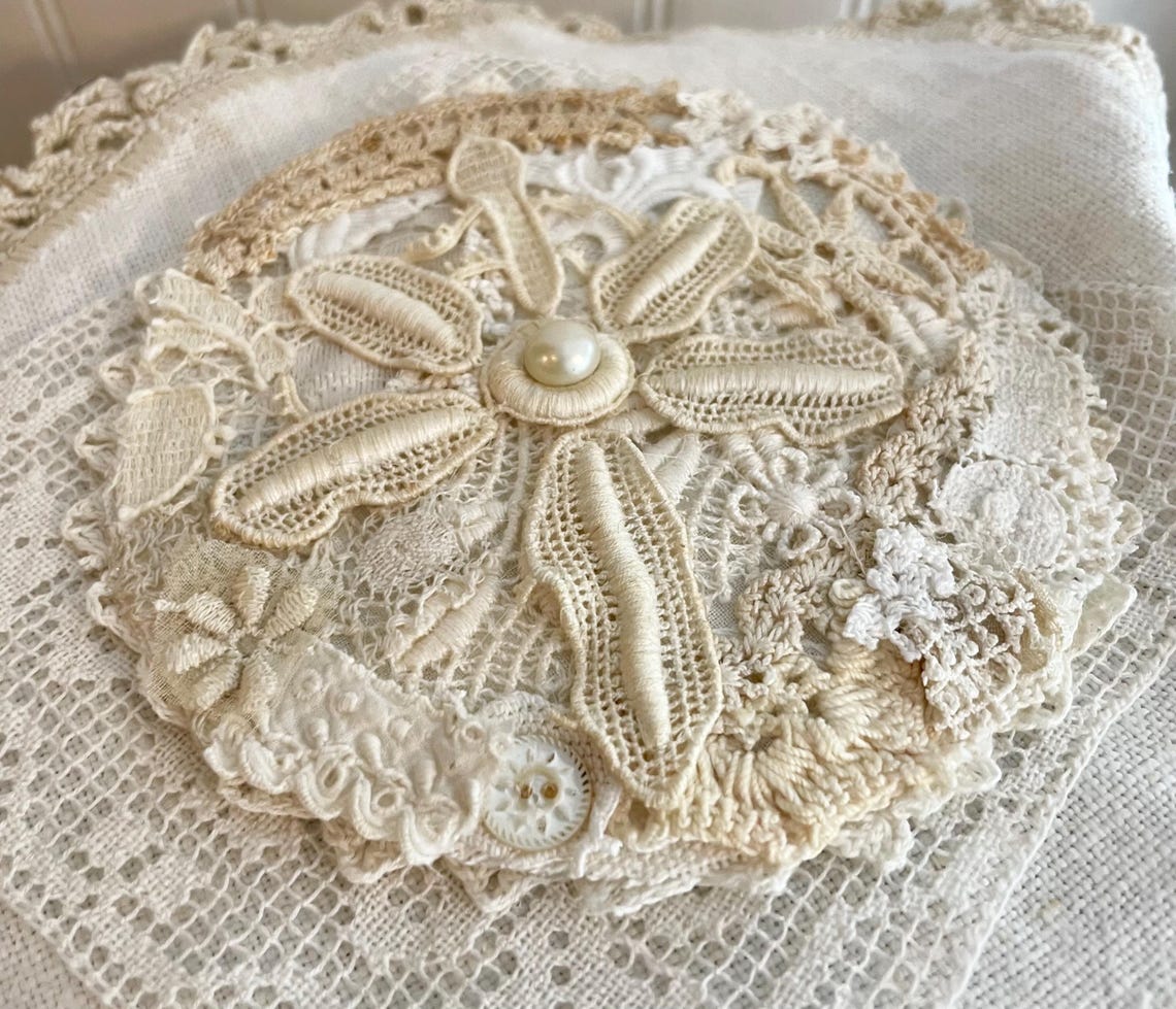 Beautiful SHABBY Antique Lace & Fabric Pin/ Corsage - Etsy