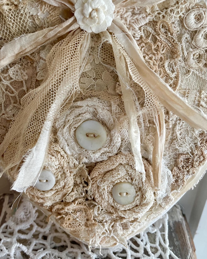 TEXTURED Ecru Heart! Rosette’s Sari Ribbons & Buttons! Rustic CHARM! - Etsy
