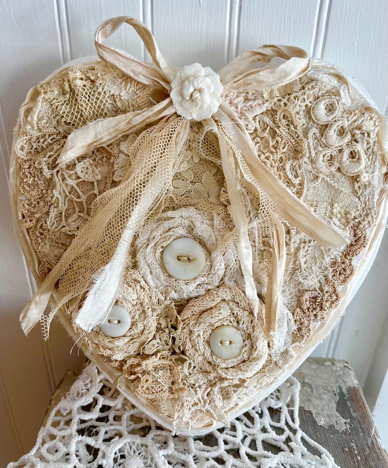 TEXTURED Ecru Heart! Rosette’s Sari Ribbons & Buttons! Rustic CHARM! - Etsy