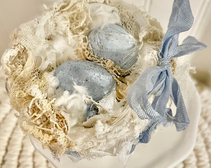 Tiny Handmade BIRD Nest! Vintage Fabric & Laces! Blue Speckled Eggs ...